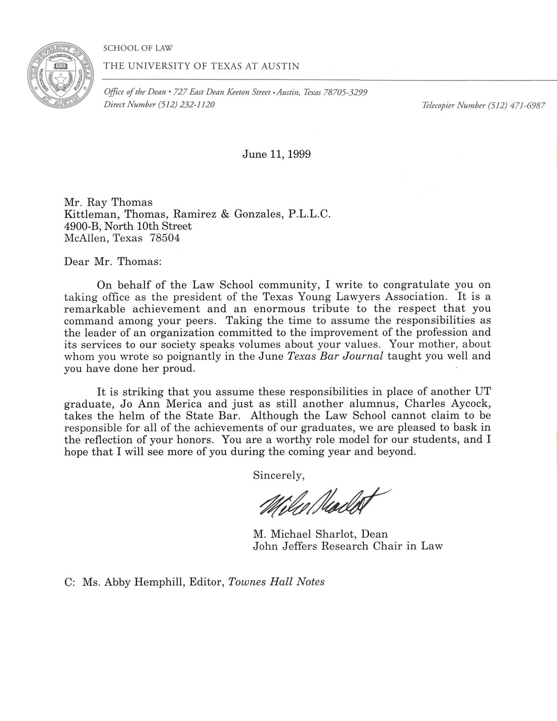 University of Texas at Austin Letter | Walsh McGurk Cordova Nixon